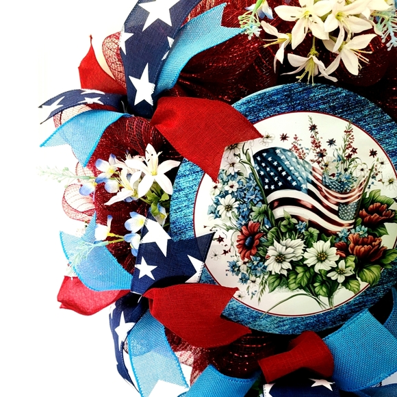 Hand Crafted | Holiday | Fourth Of July Patriotic Wreath Floral Deco ...